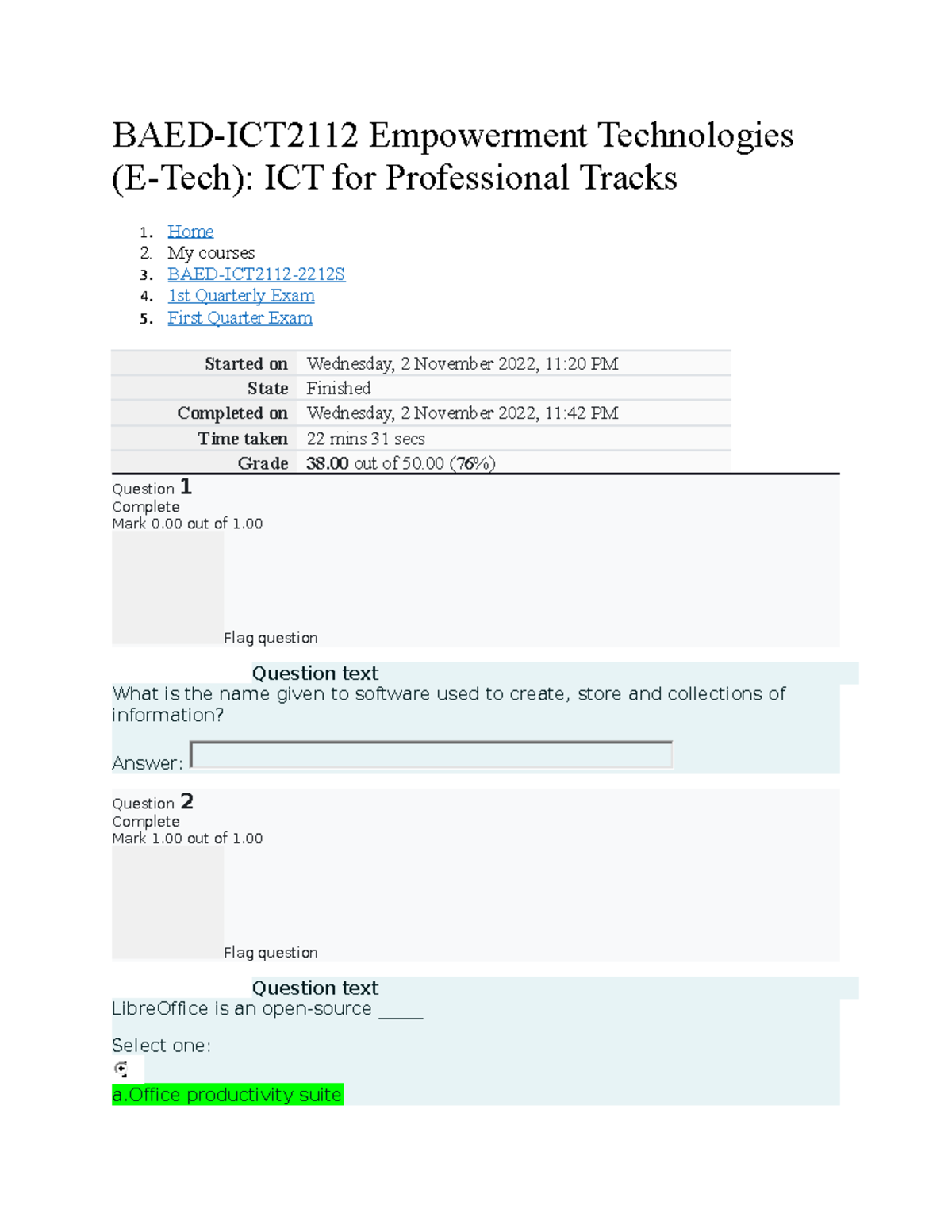 ICT2112 1st Quarter Exam Review: Key Concepts and Questions - Studocu
