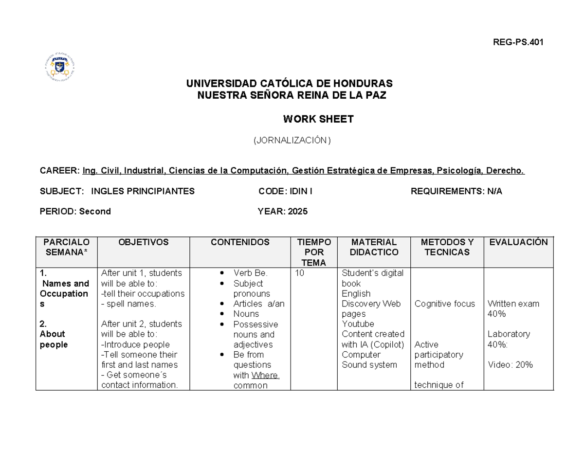 REG-PS.401 Worksheet: English for Beginners - Unit 1 to 12 Overview ...