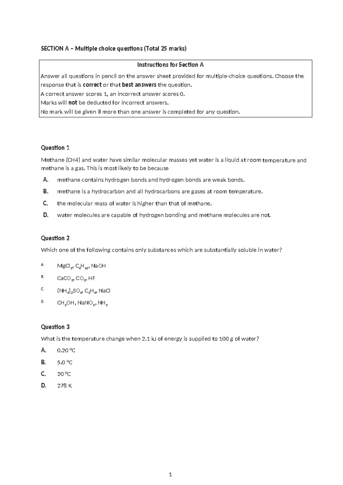 YVG 2023 - Chemistry Unit 3 Practice SAC: Multiple Choice & Short ...