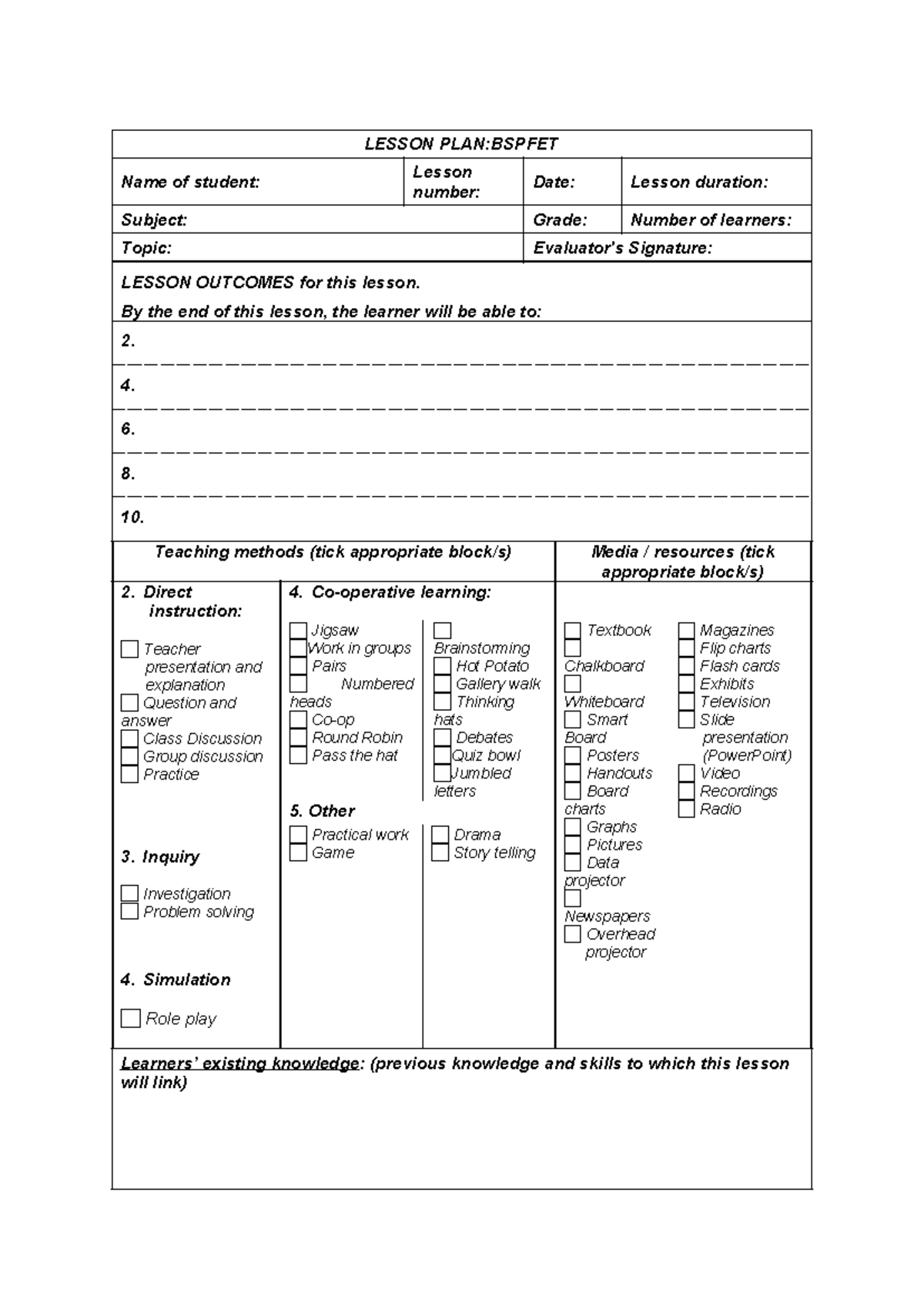 BSPFET Lesson Plan Template: Structure & Outcomes Guide - Studocu