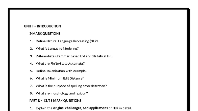 NLP 101: Important Questions for Unit I-IV Review - Studocu