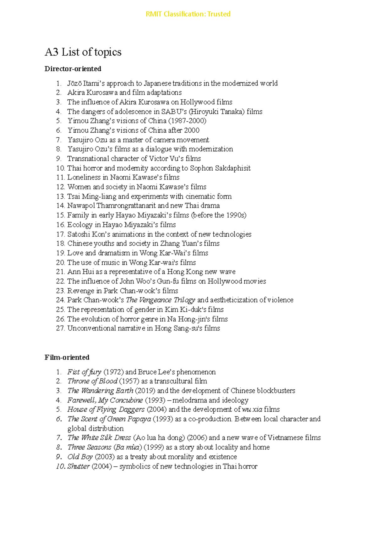A3 List of topics - RMIT Classification: Trusted A3 List of topics ...