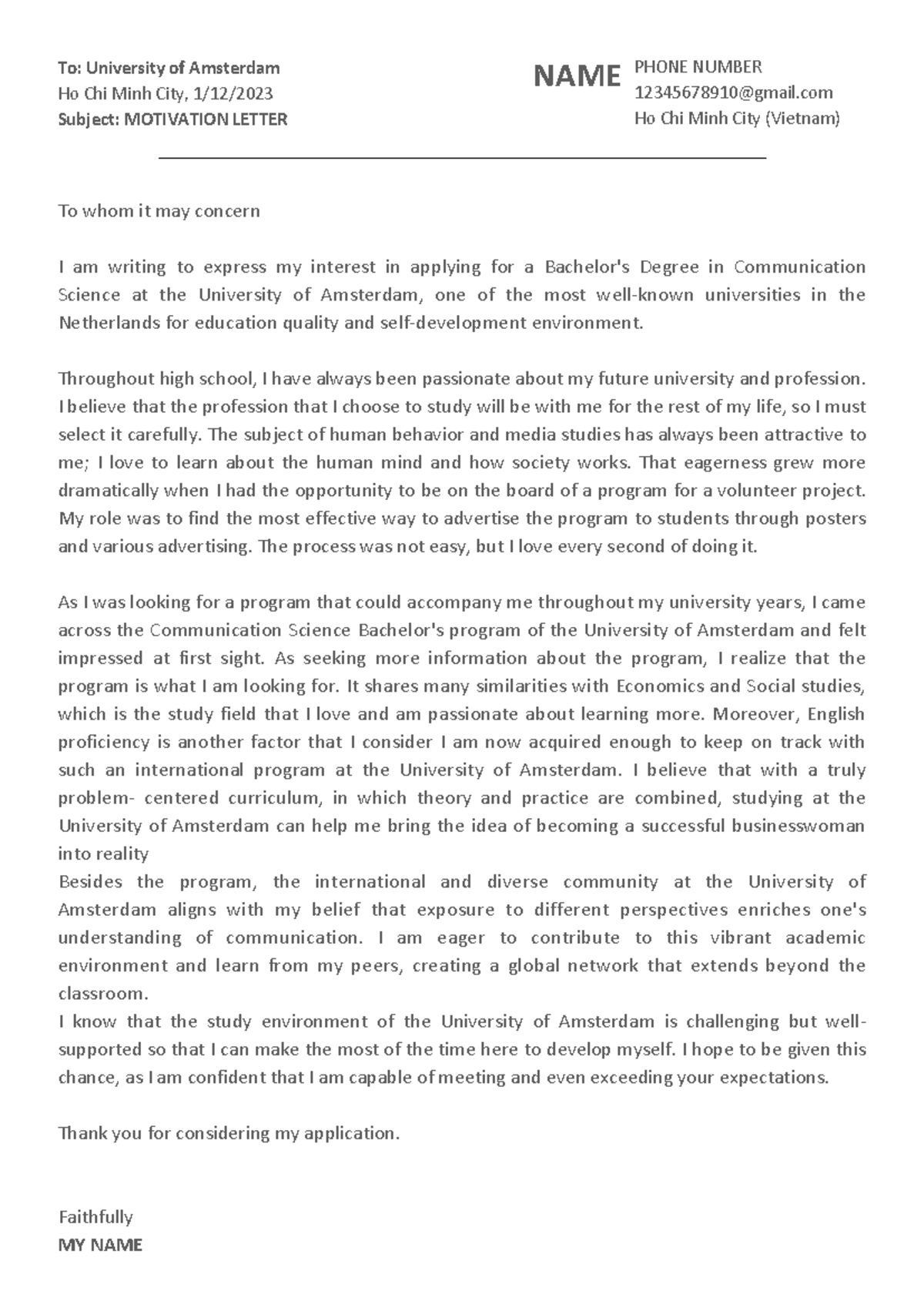 Motivation Letter for Bachelor's in Communication Science - Amsterdam ...