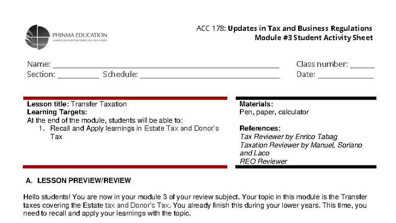 ACC 178: Transfer Taxation Lesson and Student Activity Sheet - Studocu