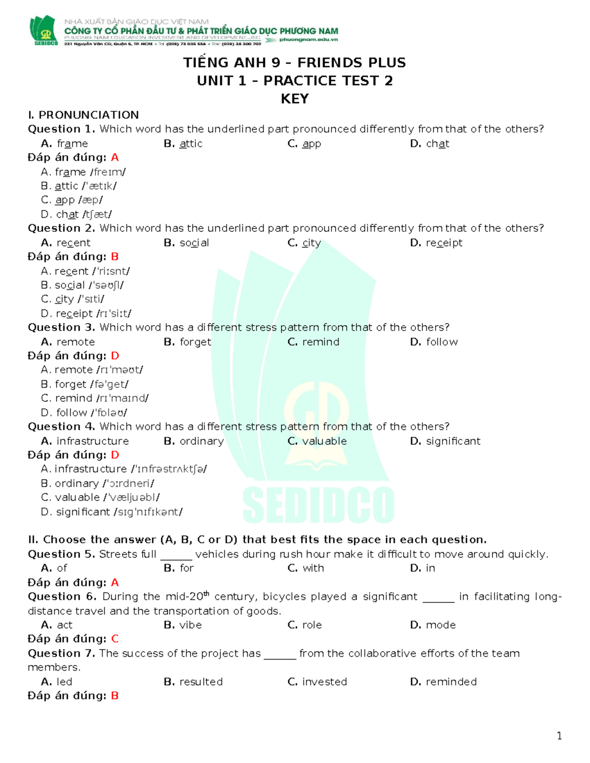 TA 9 Friends Plus Unit 1 Practice Test 2 - Answer Key - Studocu