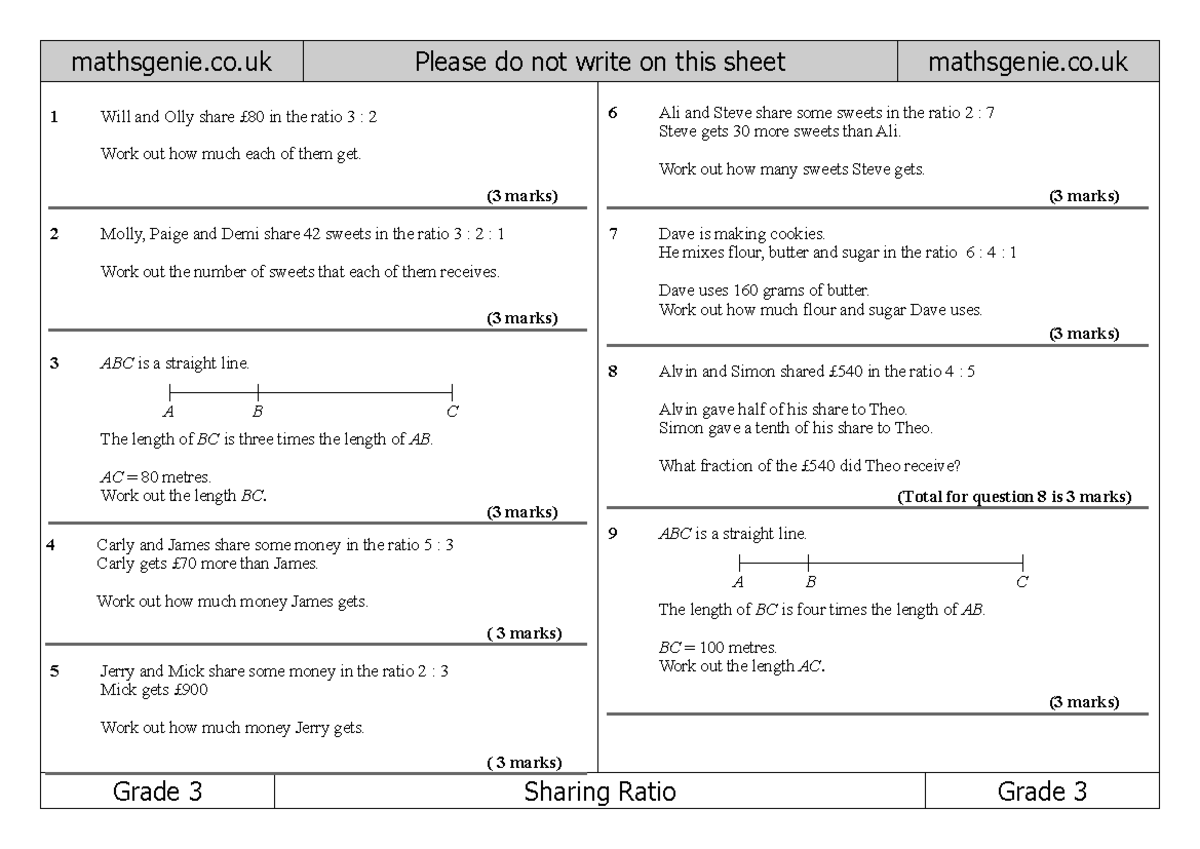 Grade 3 & 4 Sharing Ratio Worksheets - Problem Set - Studocu
