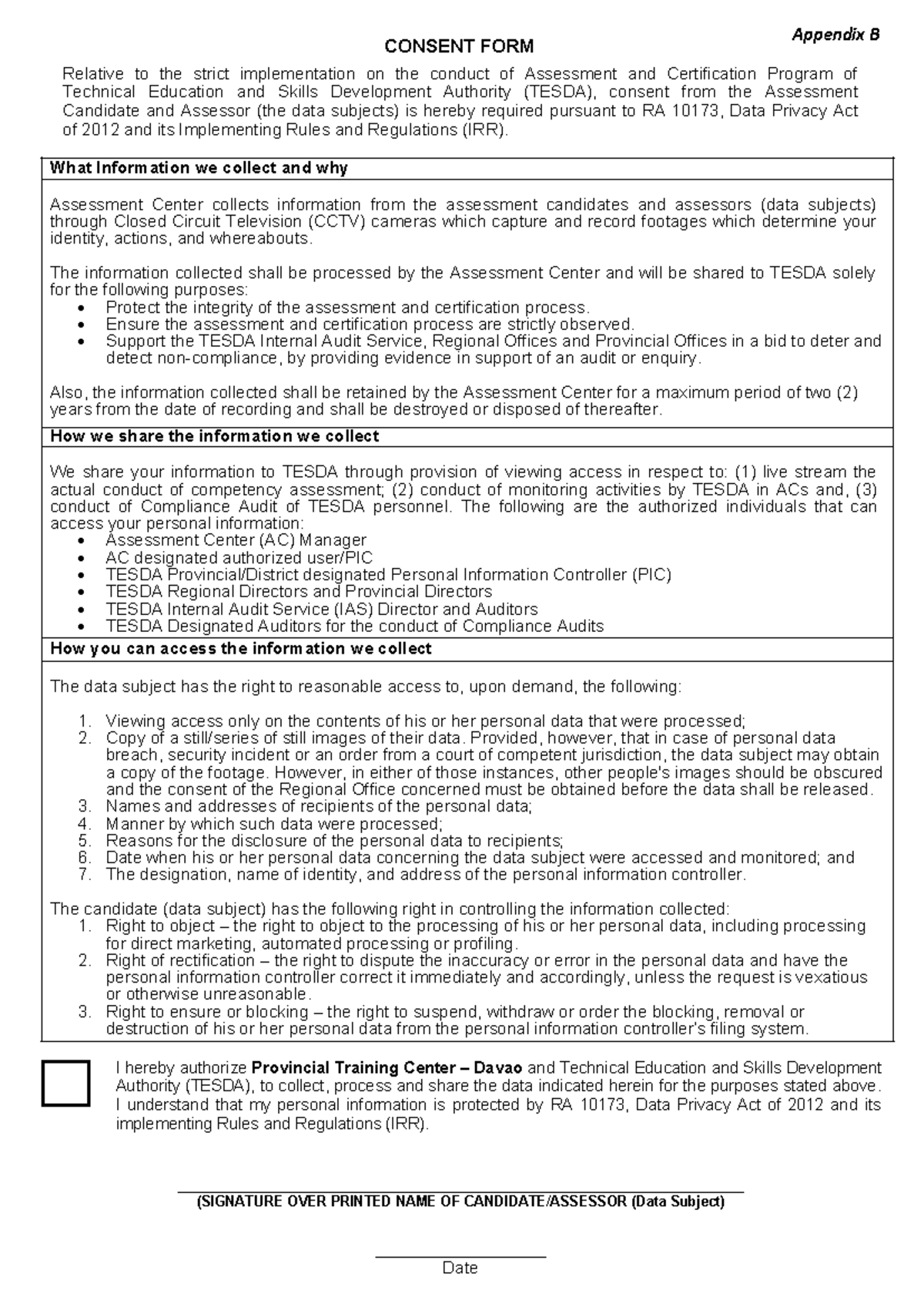 TESDA Consent Form for Assessment Candidates and Assessors - Studocu