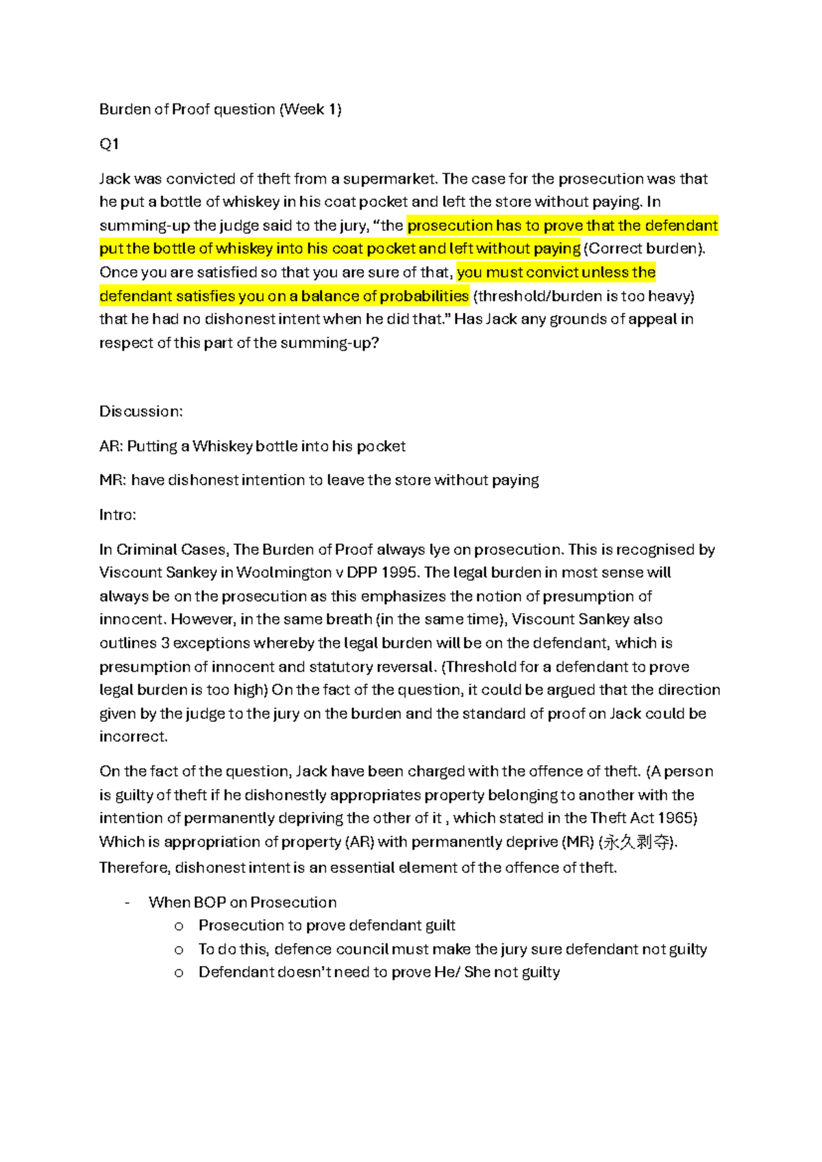 Tutorial Question 1 - Burden of Proof question (Week 1) Q Jack was ...