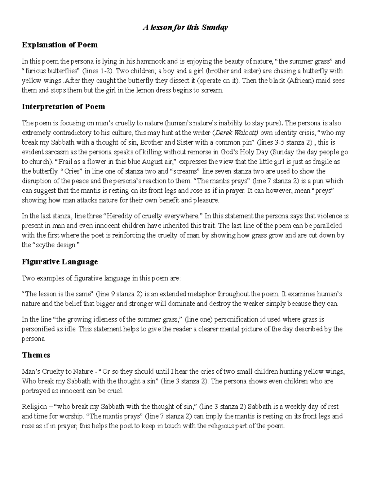 Derek Walcott's "A Lesson for this Sunday" Poem Analysis Notes - Studocu