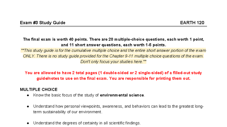 Final Exam Study Guide for EARTH 120: Environmental Science - Studocu