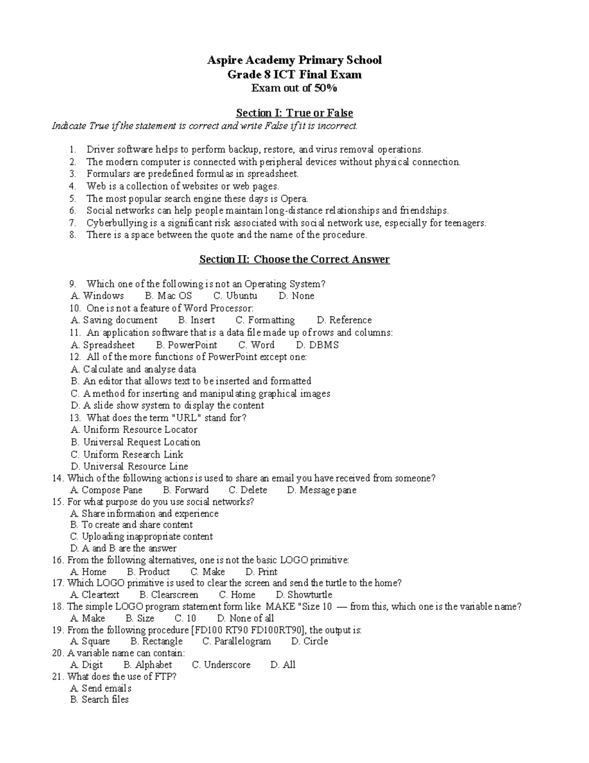 Aspire Academy Grade 8 ICT Final Exam Review - Studocu