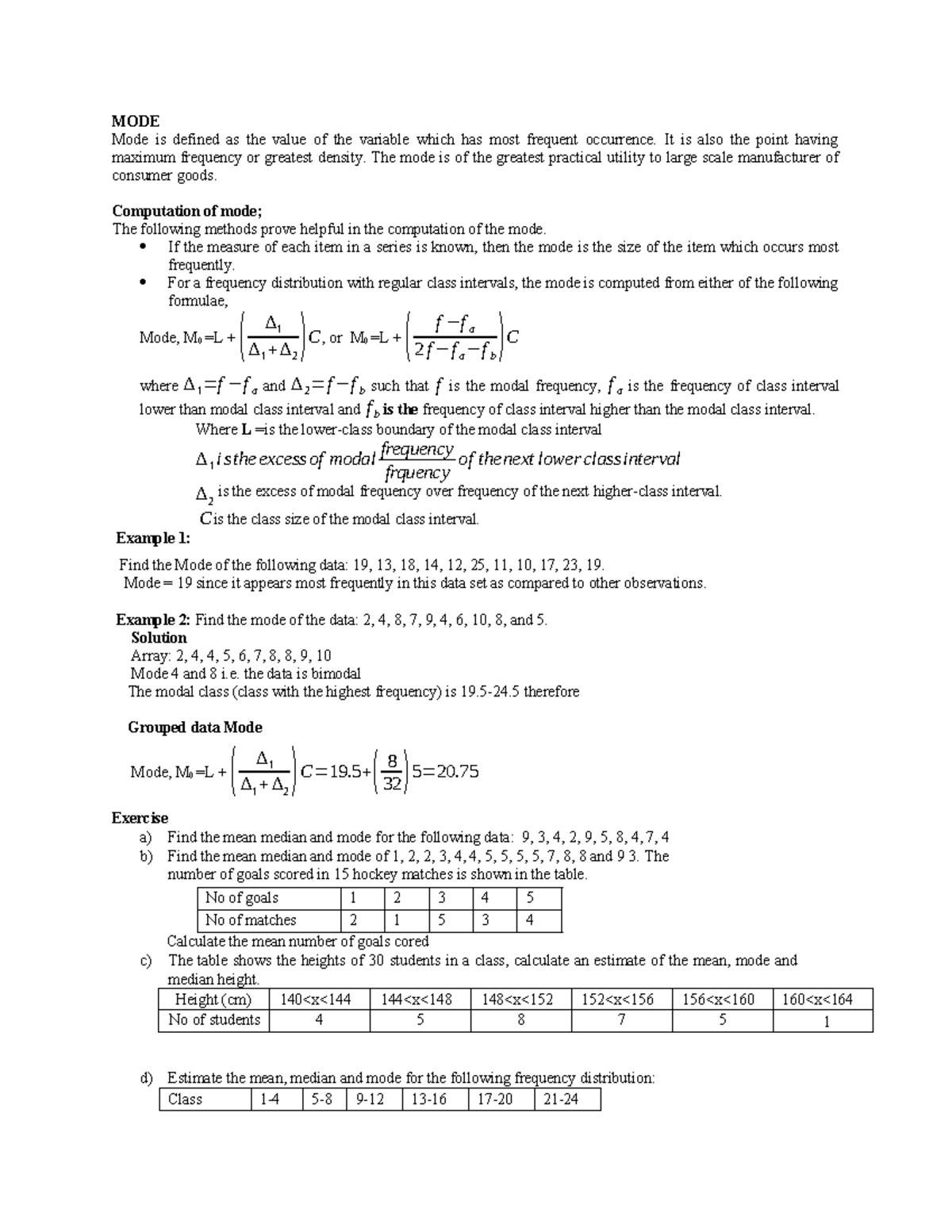 Mode Calculation and Applications in Statistics (11) - Studocu
