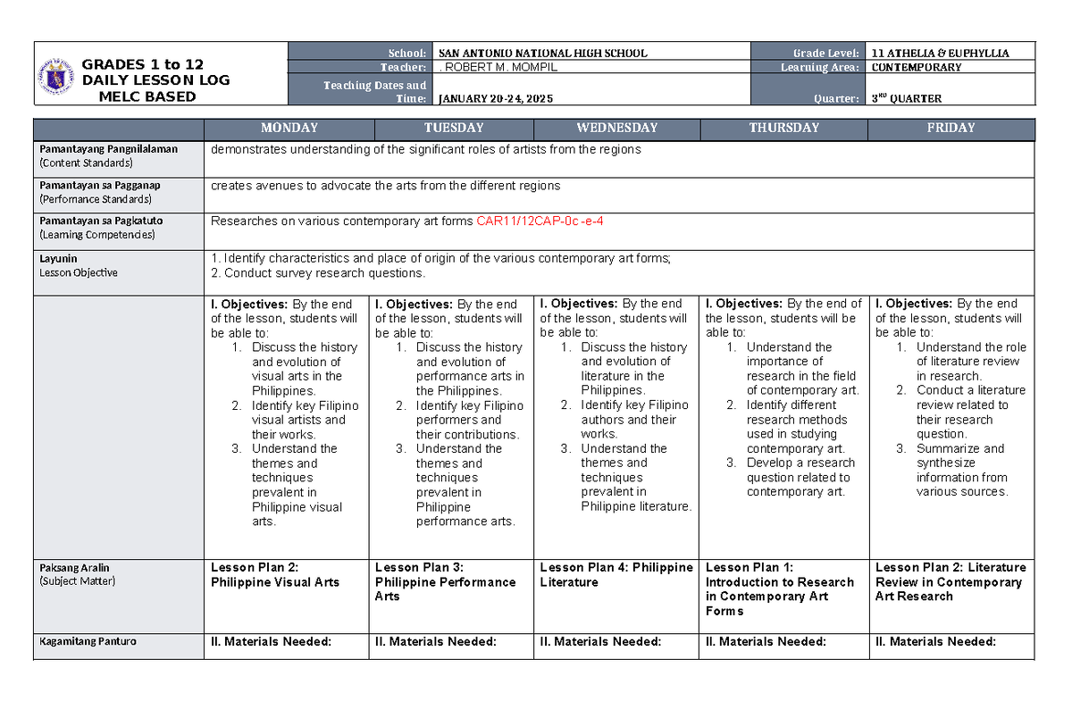 WEEK 2 - CPAR: Daily Lesson Log for Grades 1-12 (MELC-Based) - Studocu