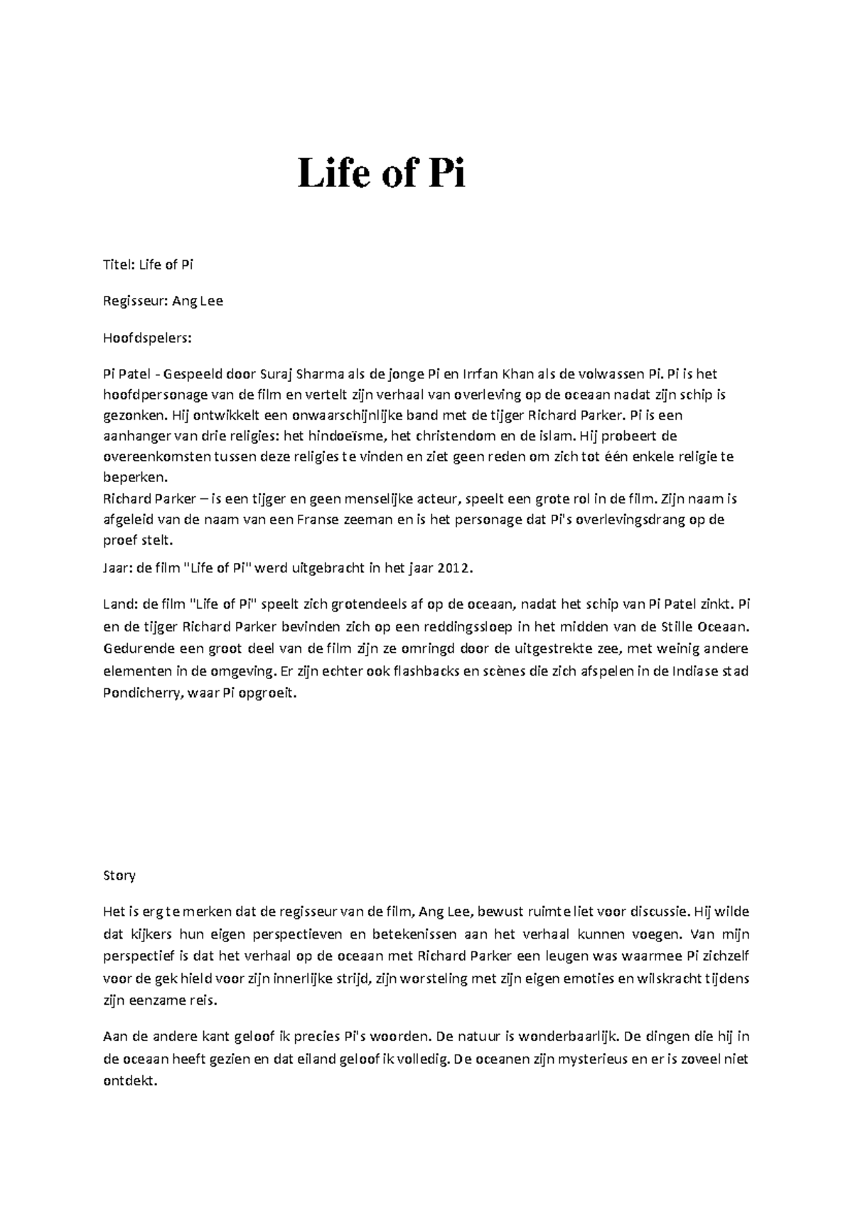 Life of Pi (CIN101) - A Journey of Survival and Spirituality - Studeersnel