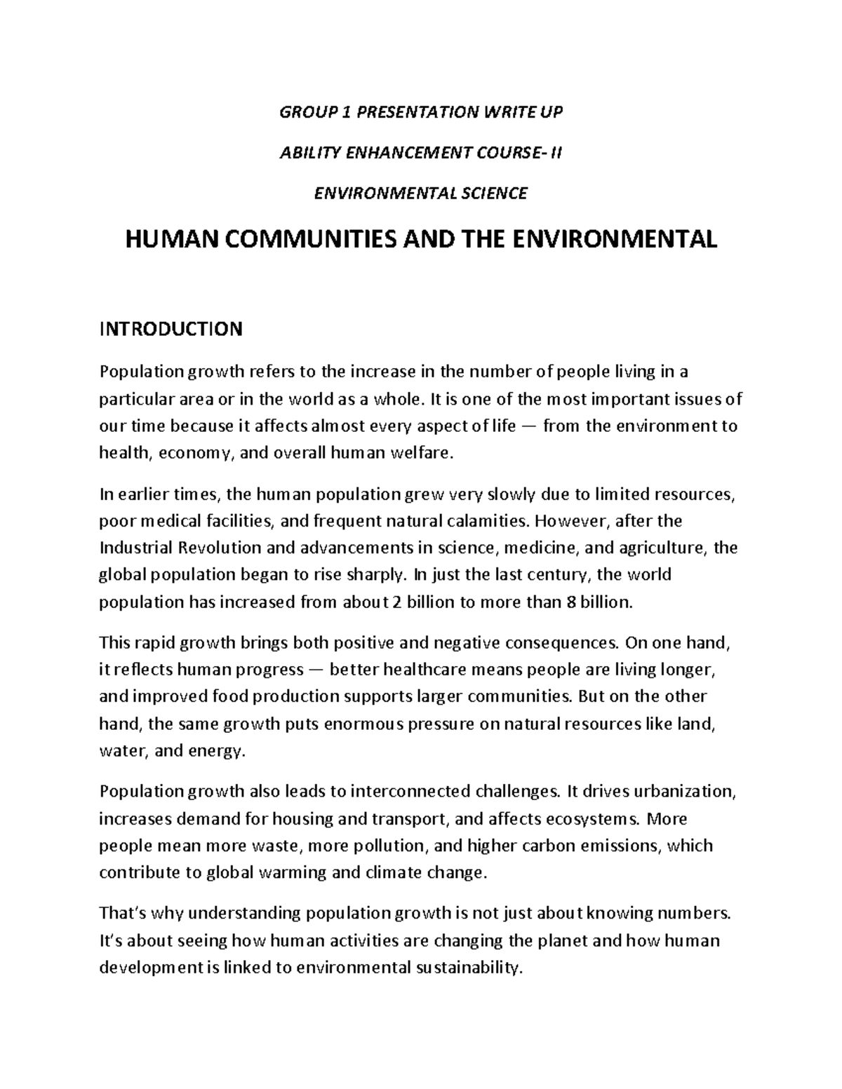 EVS 2 - Group 1 Presentation on Human Population Growth & Environment ...