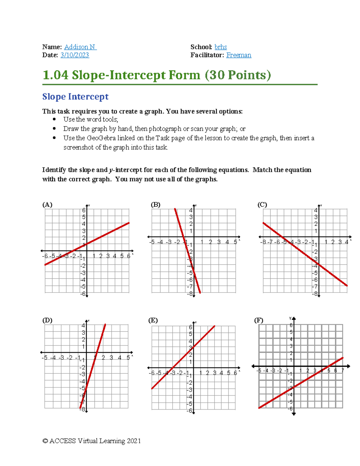 01-04 Task: Slope Intercept Graphing & Equation Matching - Studocu