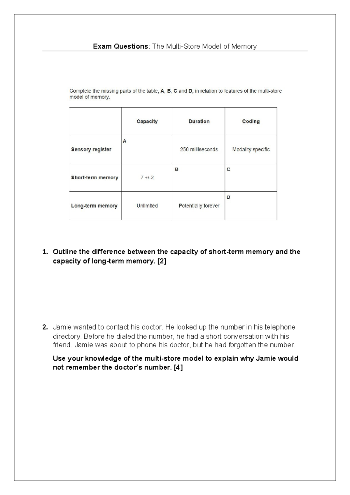 Exam questions hsjsjs - Exam Questions: The Multi-Store Model of Memory ...