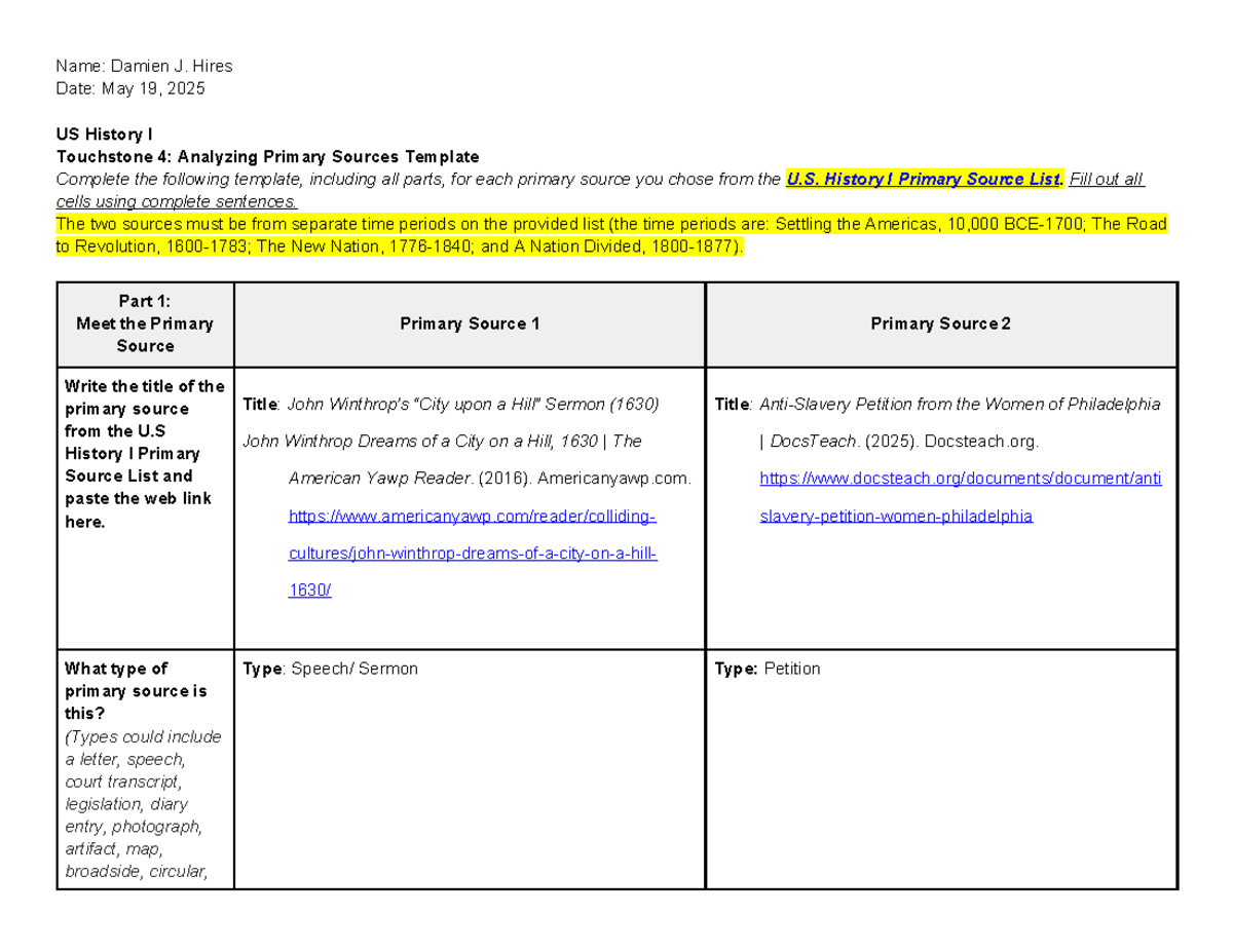 US History I Touchstone 4: Analyzing Primary Sources Guide - Studocu