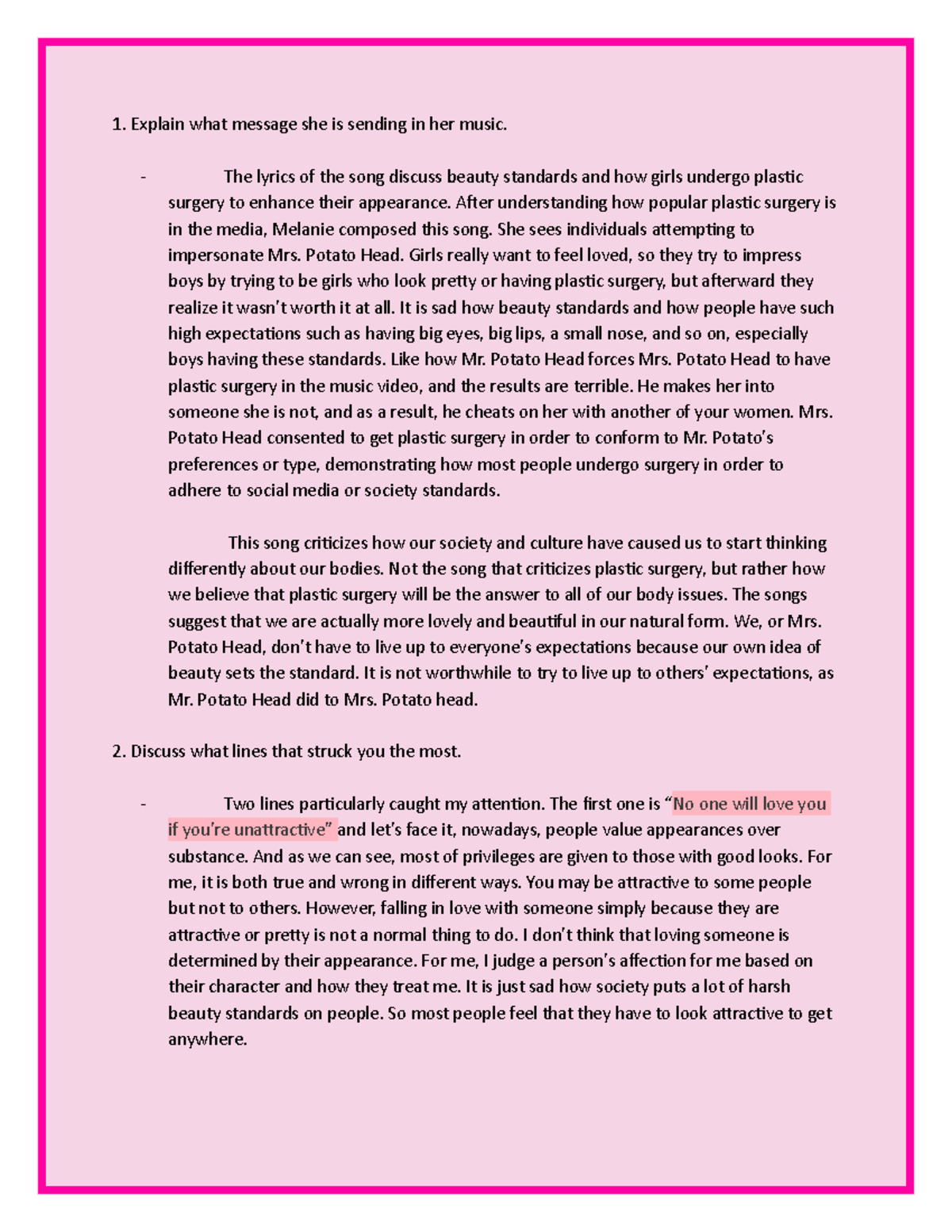 Mrs. Potato Head - Reyes, Shiela Mae C - Explain what message she is ...