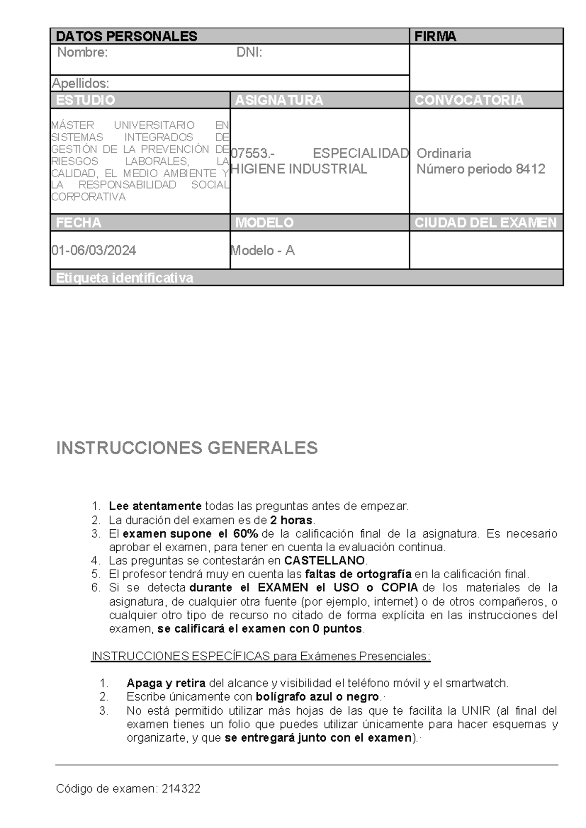UNIR Examen Final Higiene Industrial 2024 - Código 214322 - Studocu