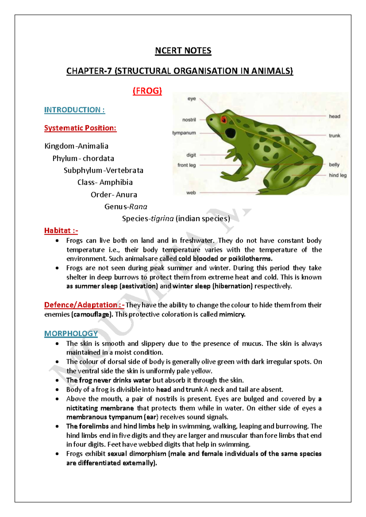 NCERT Notes: Chapter 7 - Frog (Class 11) Structural Organization - Studocu