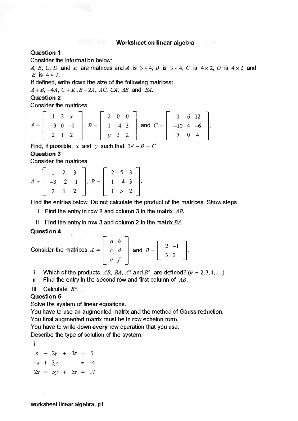 Worksheet 4 - Linear Algebra Concepts and Matrix Operations - Studocu