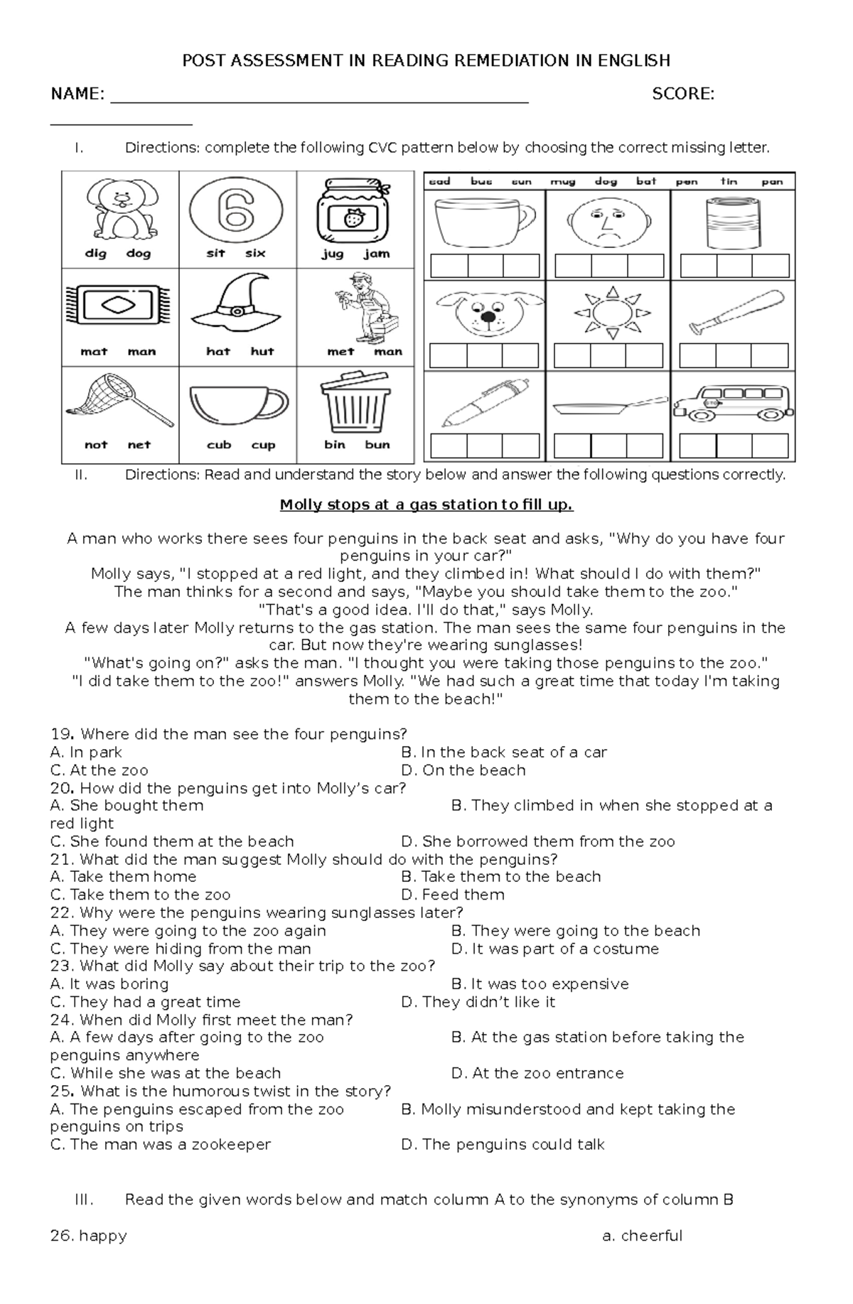 POST Assessment: Reading Remediation in English (CVC Patterns ...