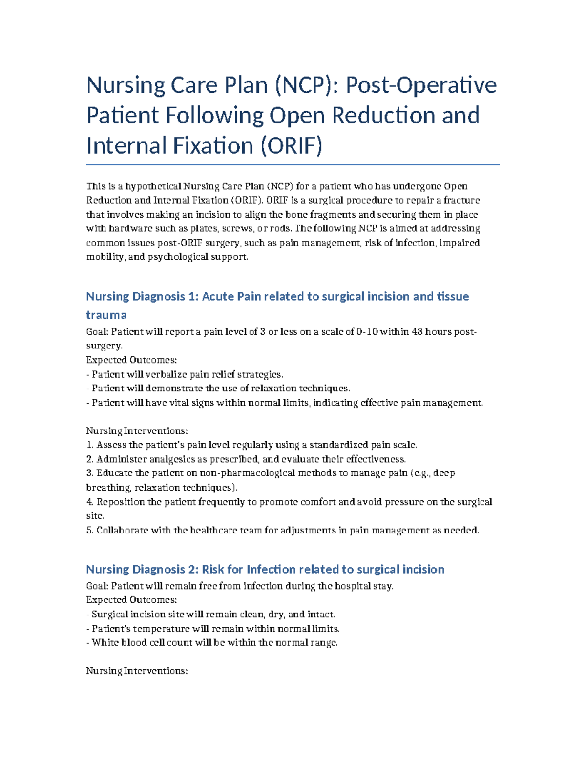 Hypothetical Nursing Care Plan for ORIF Patient Post-Op Management ...