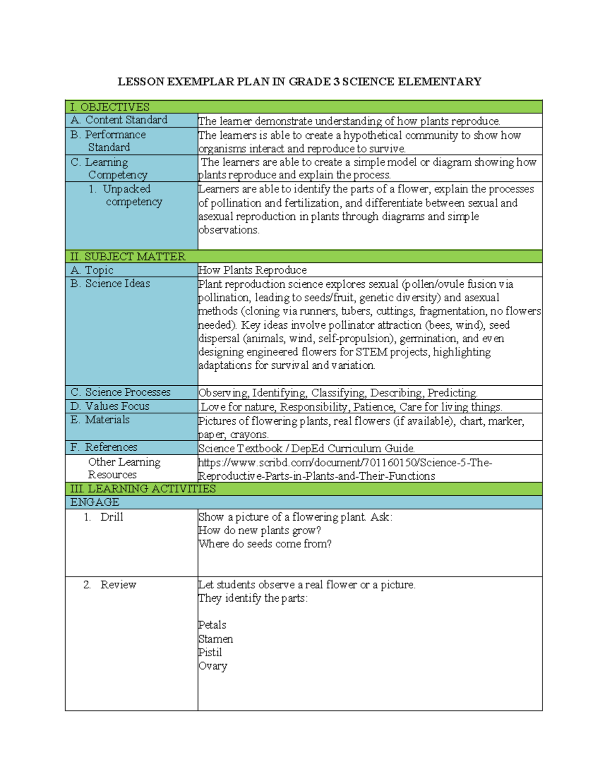 Grade 3 Science Lesson Plan: How Plants Reproduce - Studocu