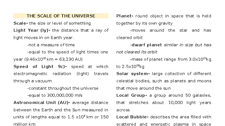 Notes - reviewer - THE SCALE OF THE UNIVERSE Scale- the size or level ...