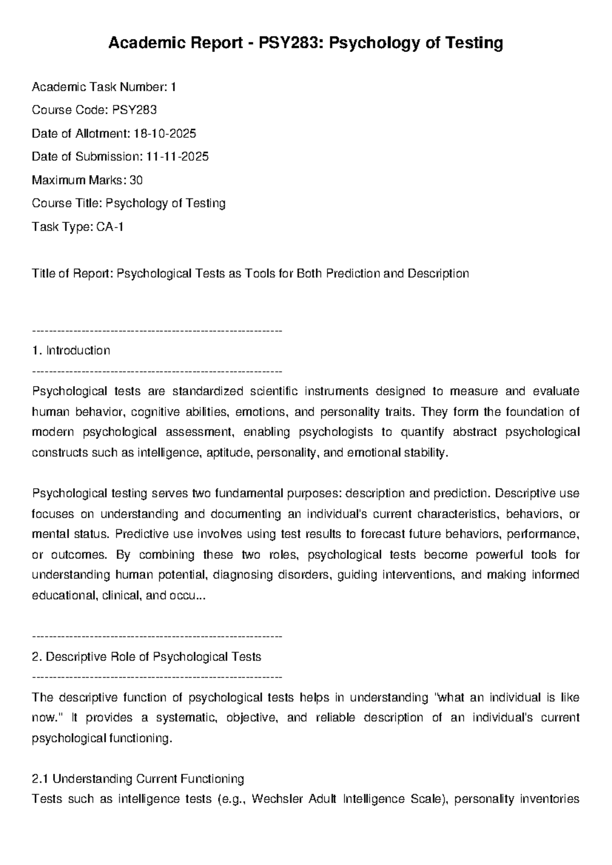 Psychological Tests: Prediction & Description in PSY283 Report - Studocu