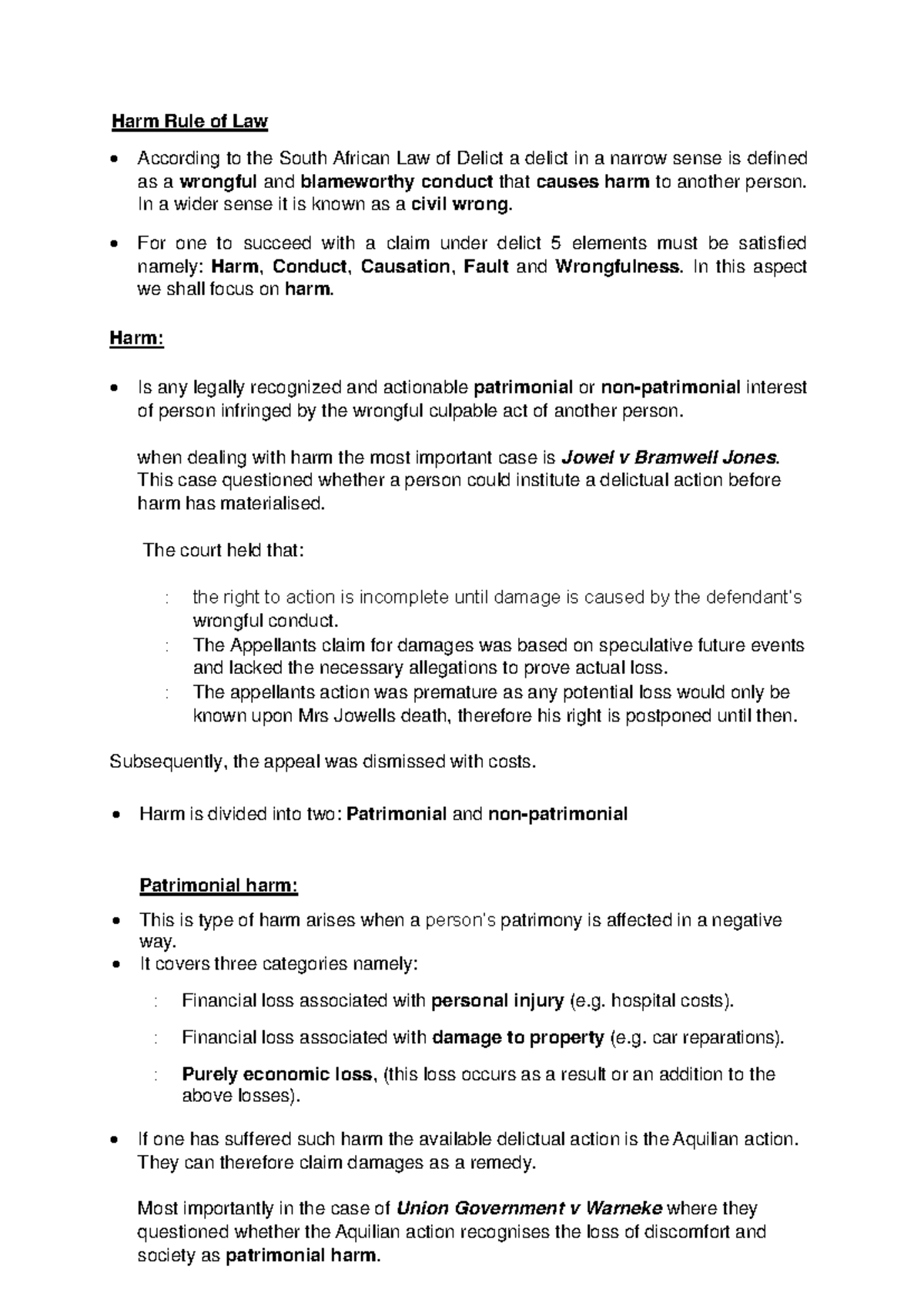 Harm Rule of Law in South Africa: A Summary of Delict Principles - Studocu
