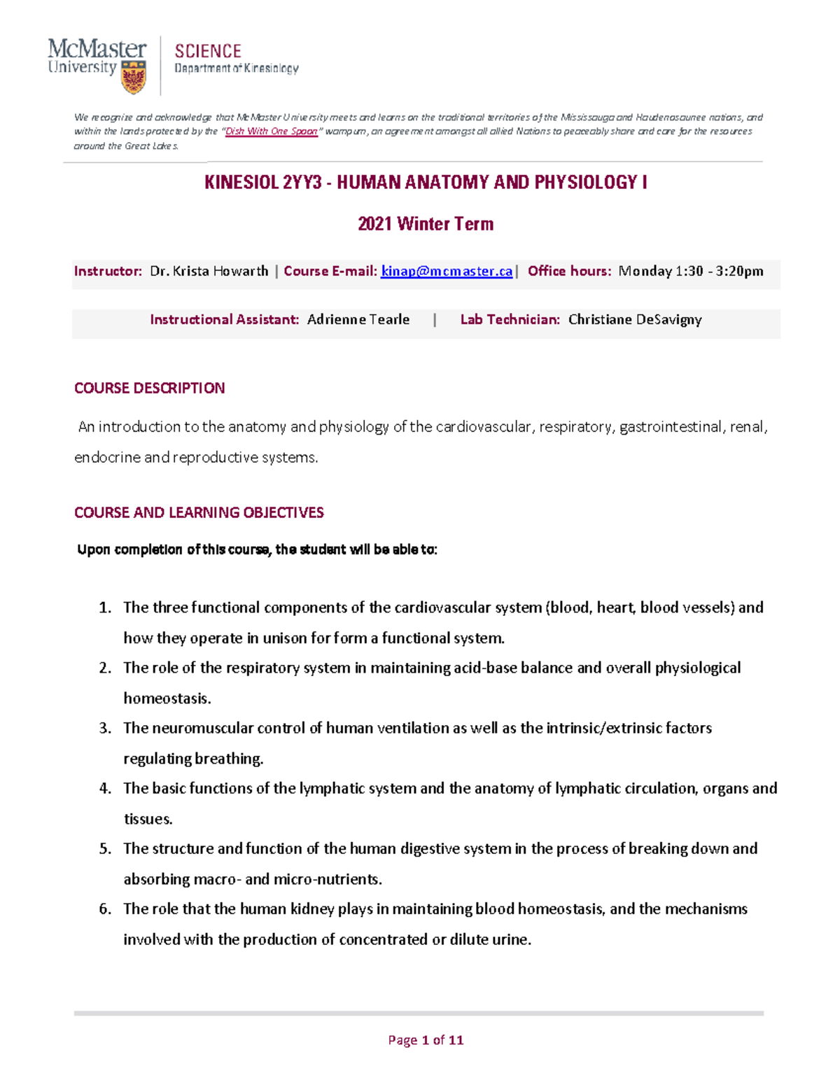Kinesiol 2YY3 Human Anatomy and Physiology II - W2021 -R2 - KIN 1Y03 ...