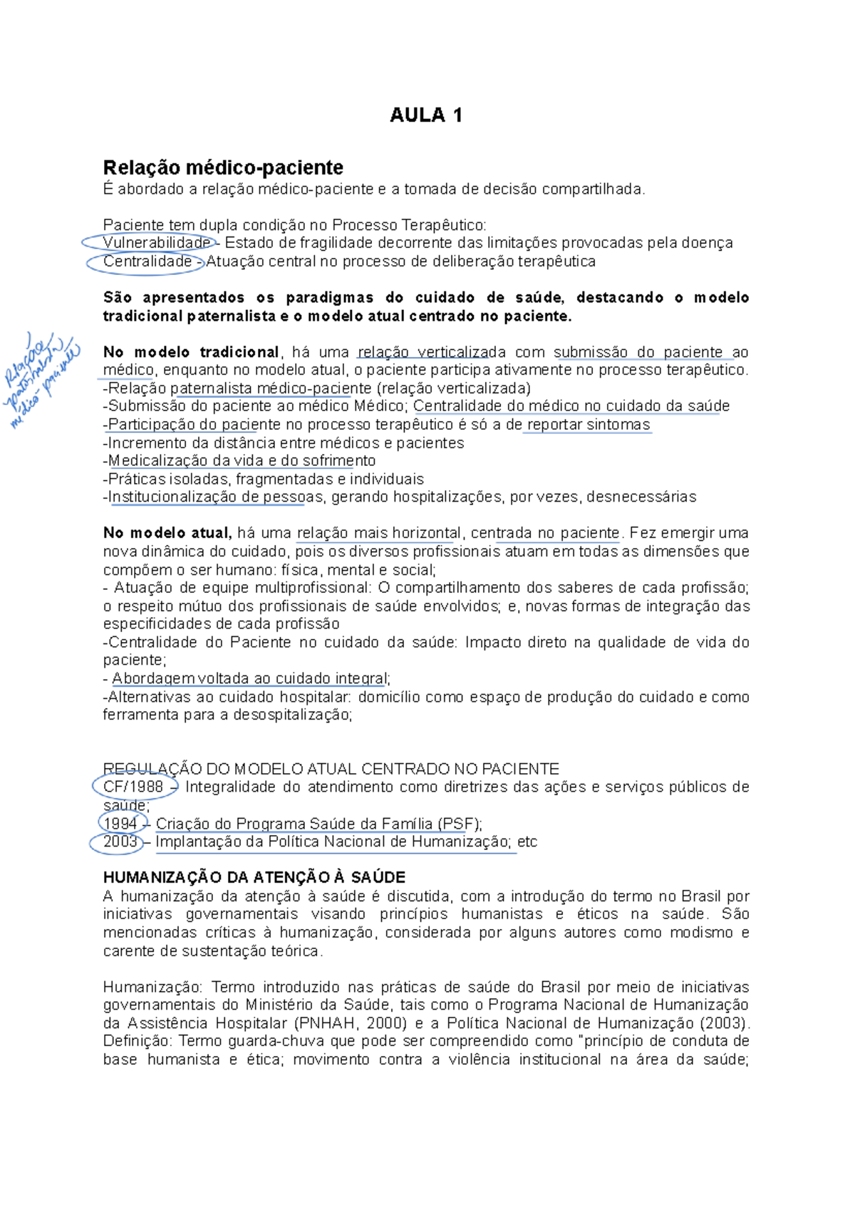 Humanidades AP1 - Resumo - AULA 1 Relação médico-paciente É abordado a ...