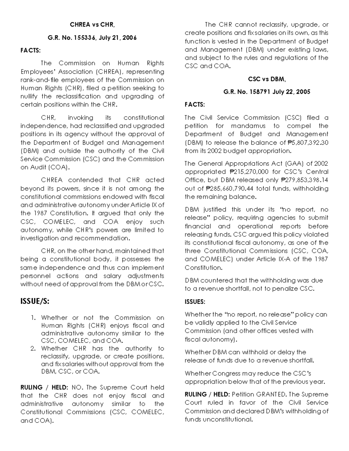 Constitutional Commissions Cases - CHREA vs CHR, CSC vs DBM, and More ...