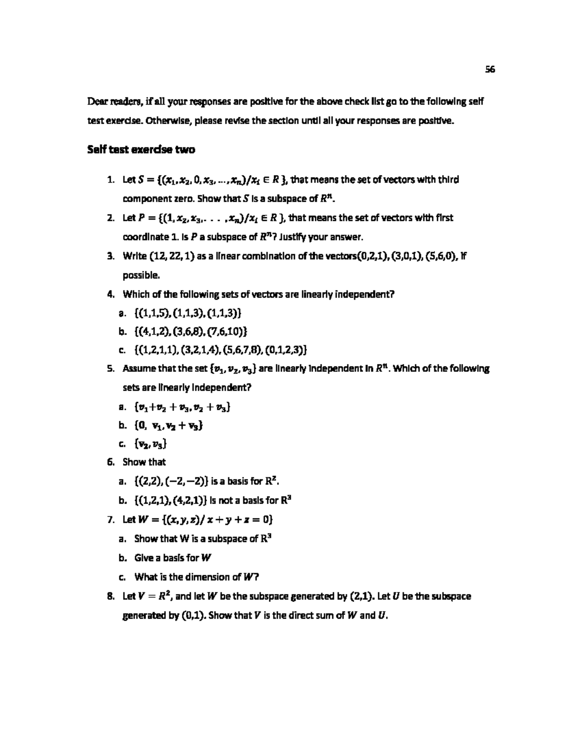 Unit 2 WS - Linear Algebra Self-Test Exercises and Solutions - Studocu