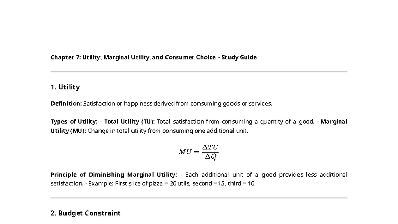Chapter 7: Utility, Marginal Utility, and Consumer Choice Study Guide ...