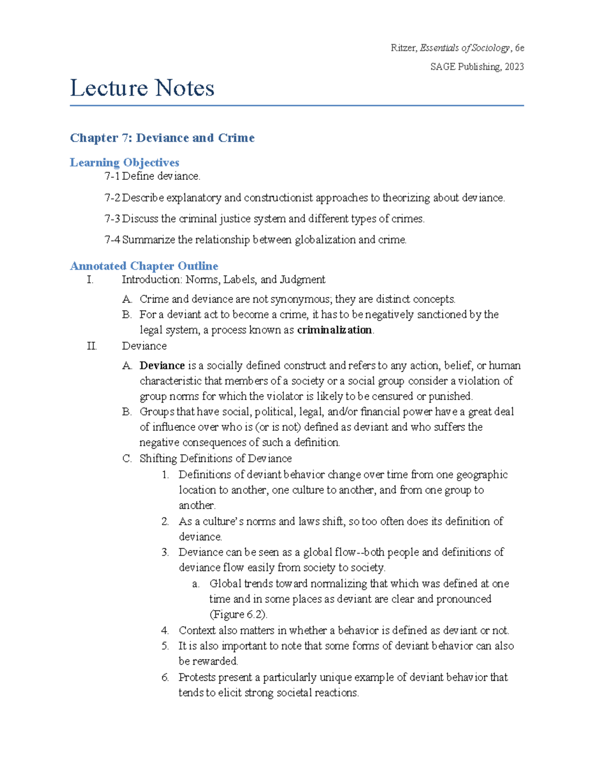 Sociology 101: Lecture Notes on Deviance and Crime (Chapter 7) - SAGE ...