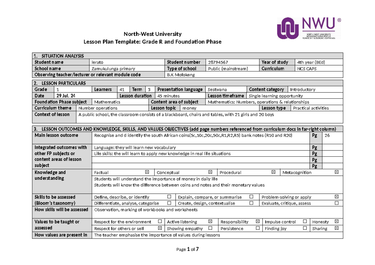Grade R Lesson Plan Template: Foundation Phase Mathematics on Money ...