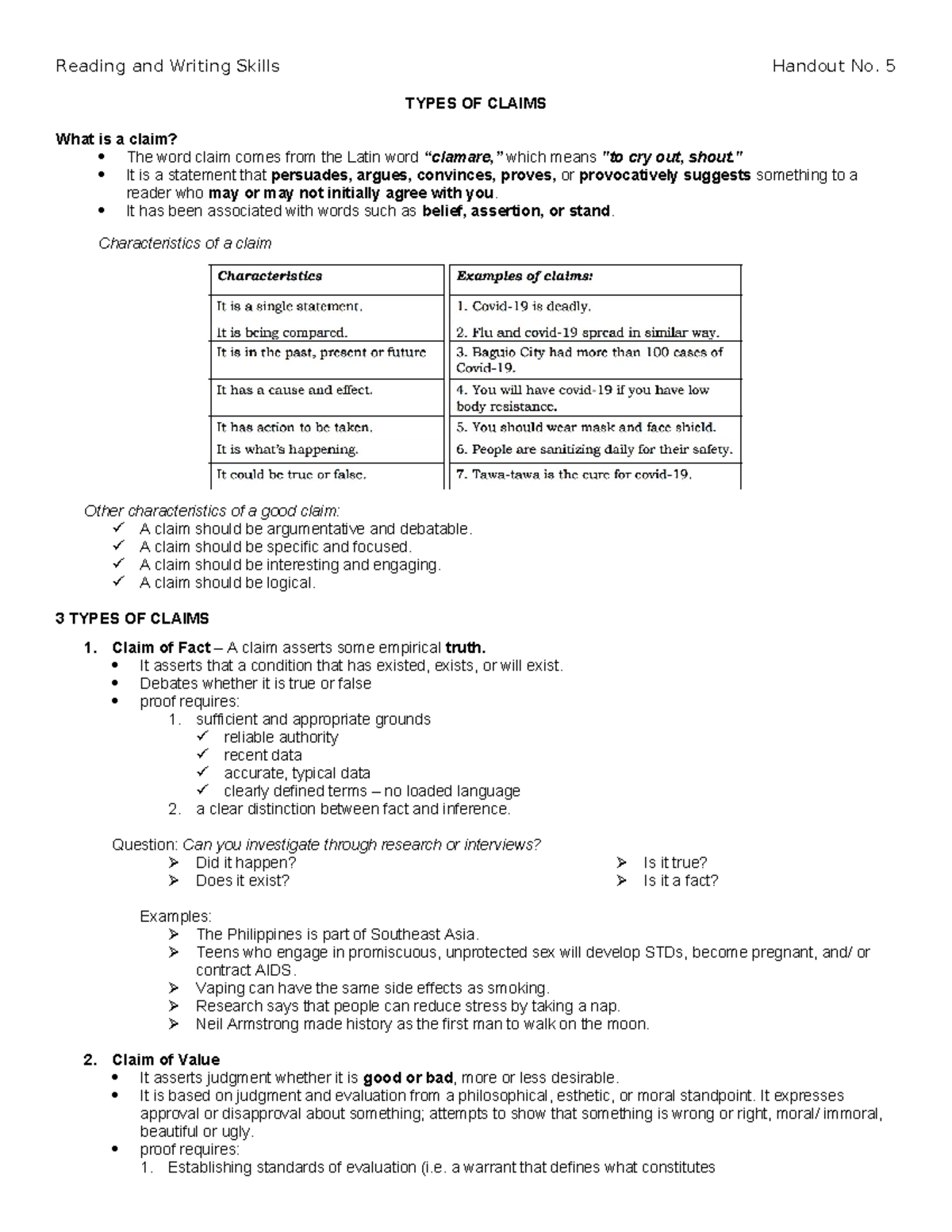 Types of Claims in Argumentative Writing: Reading & Writing Skills ...
