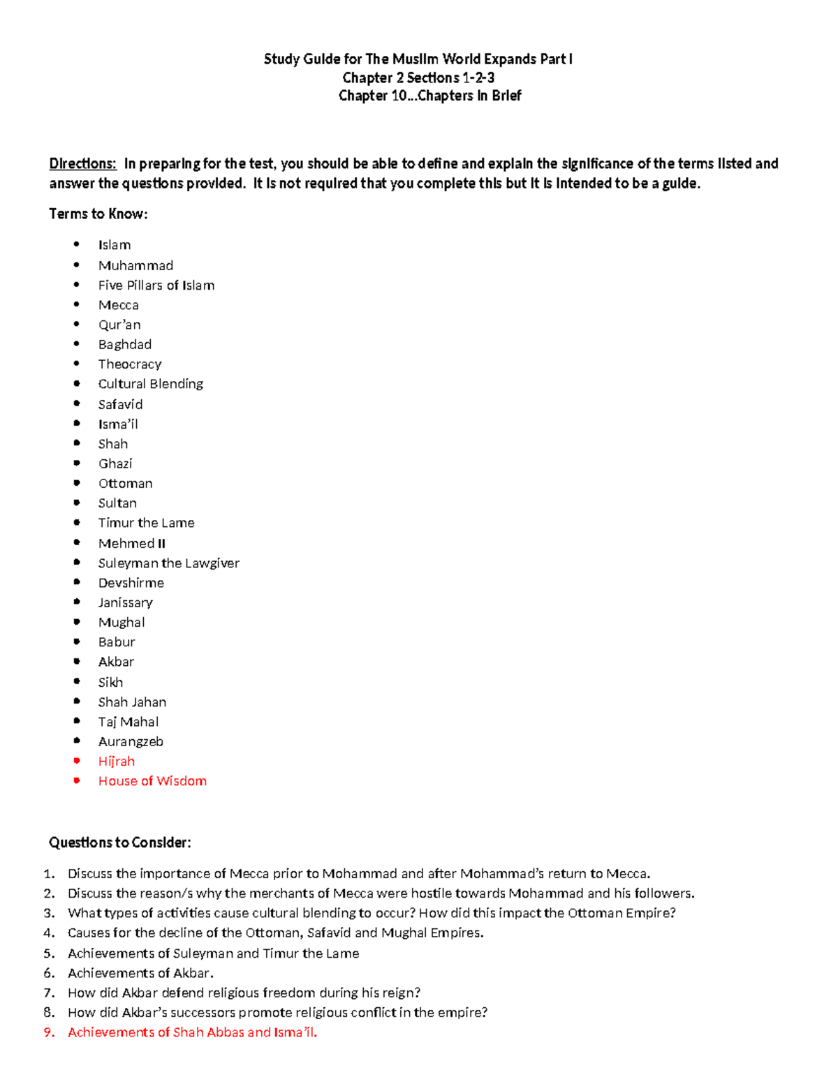 Study Guide for Exam: The Muslim World Expands (Ch. 2, 10) - Study ...