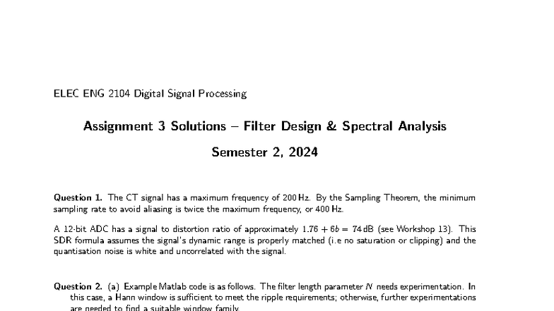 ELEC ENG 2104 Digital Signal Processing Assignment 3 Solutions - Studocu