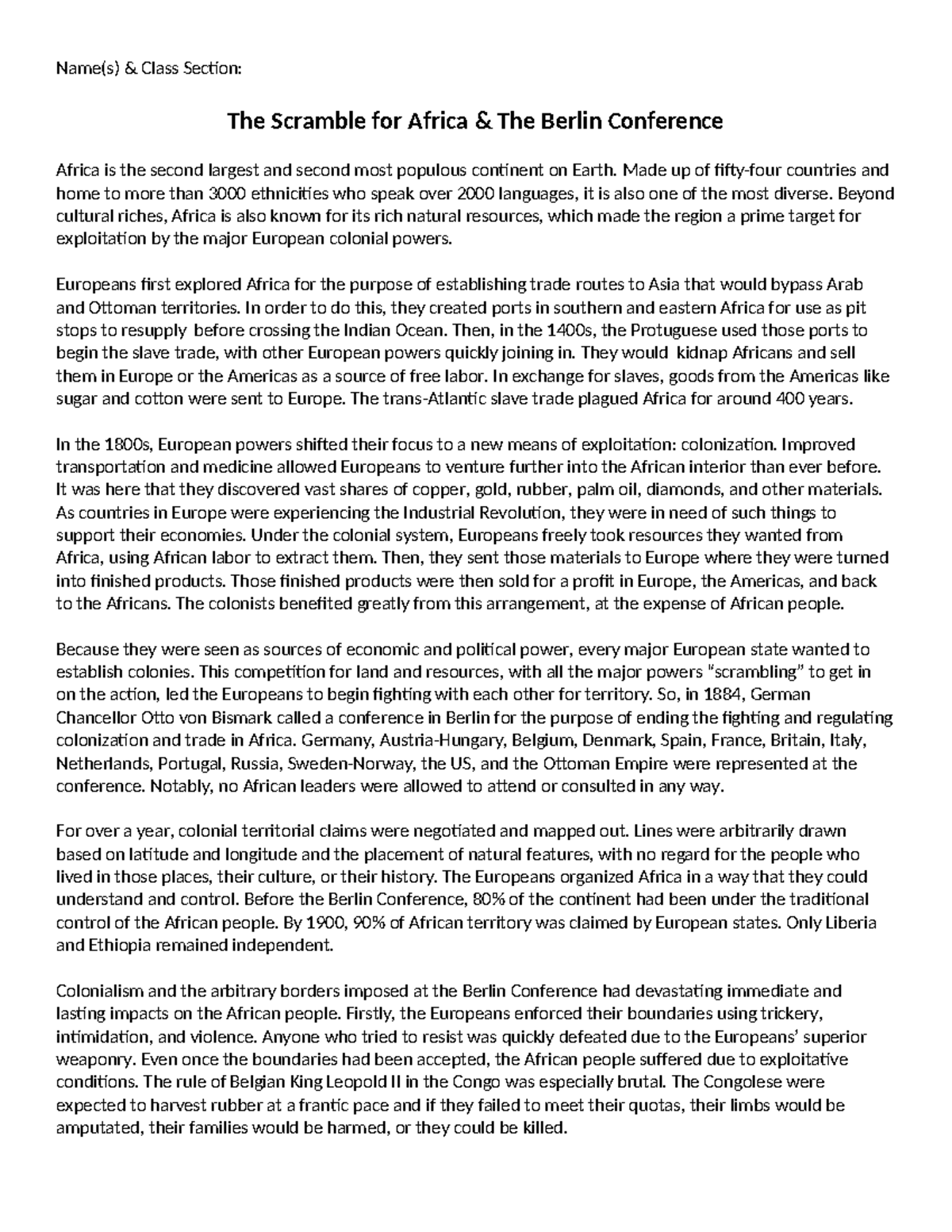 Berlin Conference Worksheet: The Scramble for Africa Analysis - Studocu