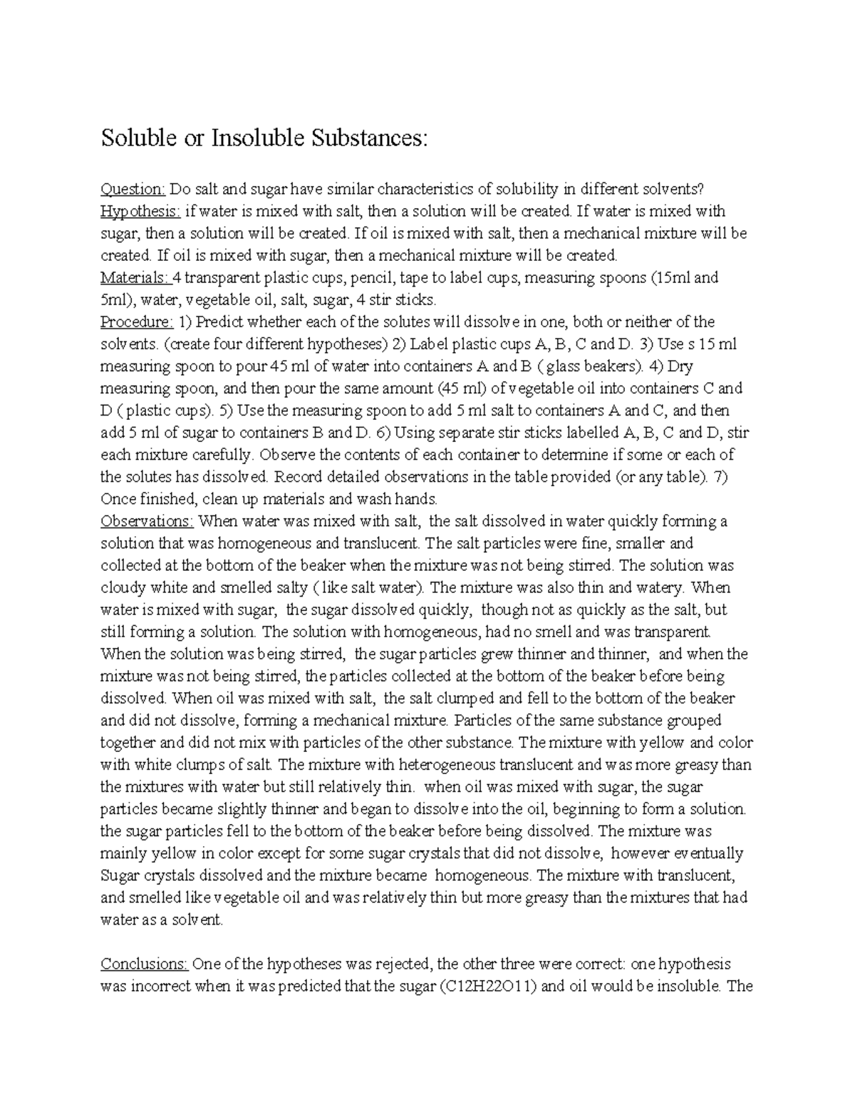 SCI 101: Solubility Lab - Comparing Salt and Sugar in Solvents - Studocu