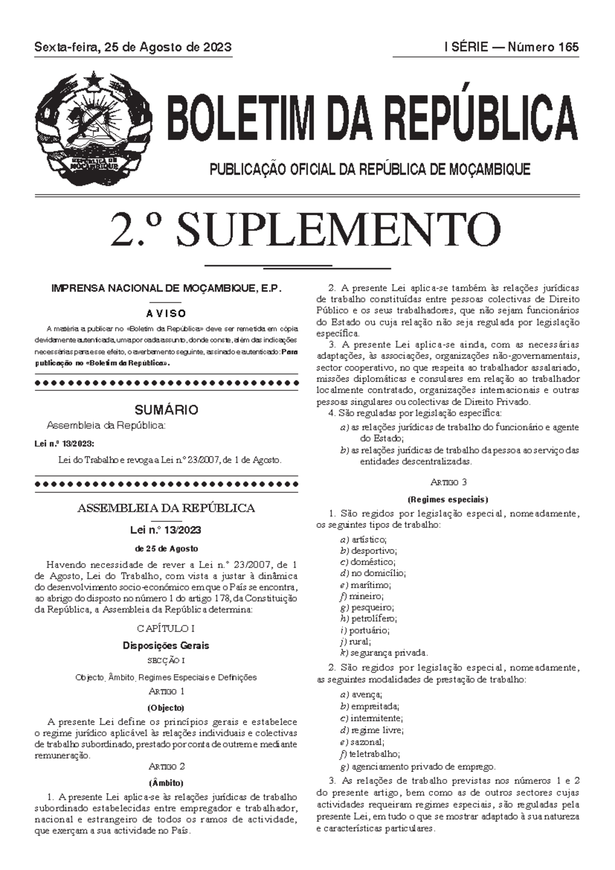 Lei do Trabalho em Moçambique: Revogação da Lei n.º 23/2007 - Studocu