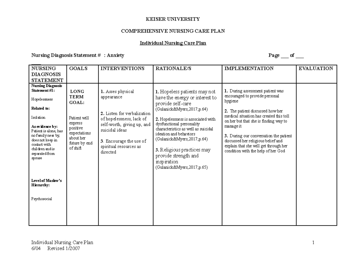 Nursing Care Plan for Psychosocial Issues: Anxiety and Hopelessness ...