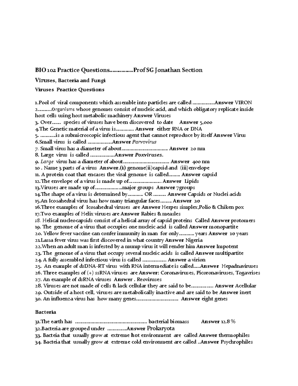 BIO 102 Practice Questions: Viruses, Bacteria, and Fungi Overview - Studocu