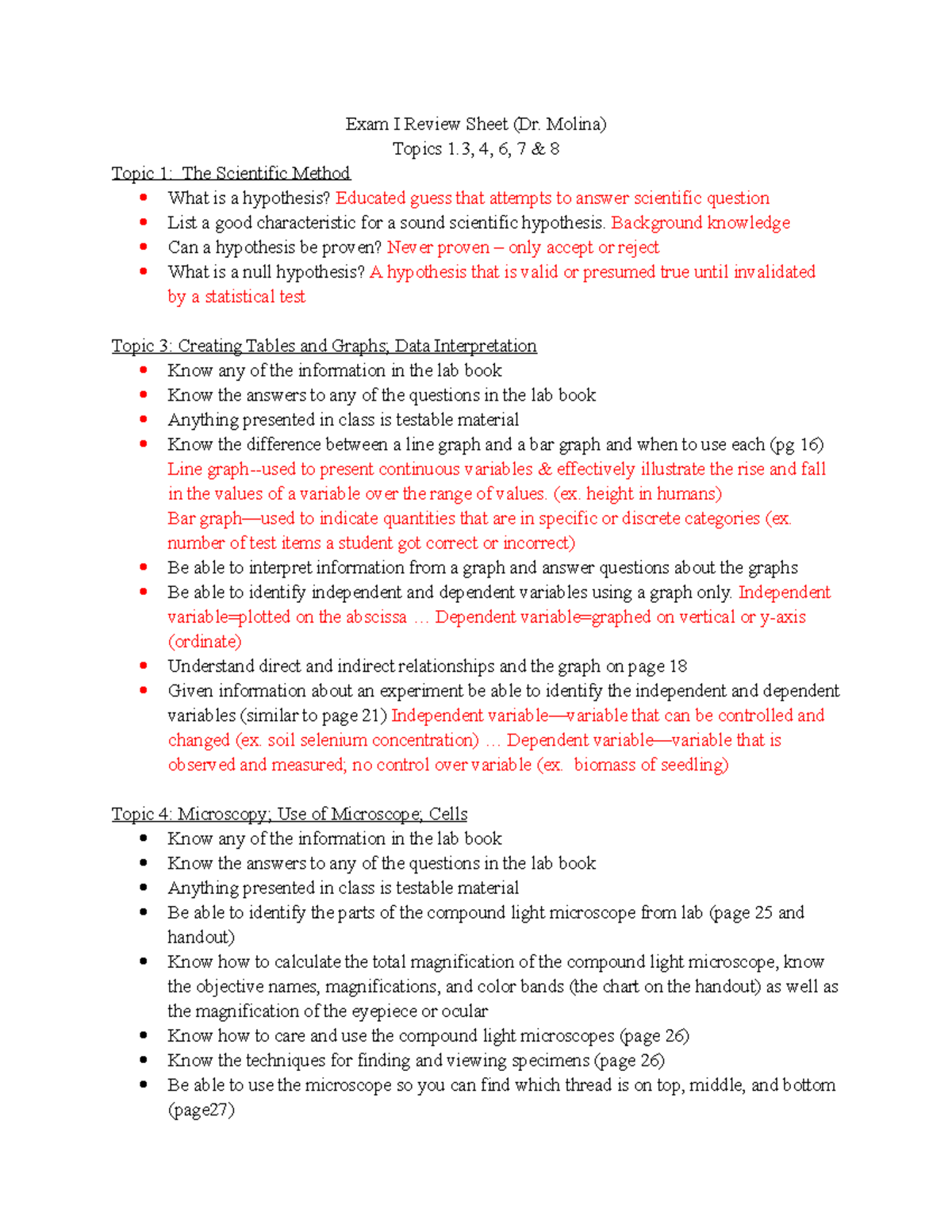 BIOL 1406 Lab Exam 1 Comprehensive Review Sheet - Studocu