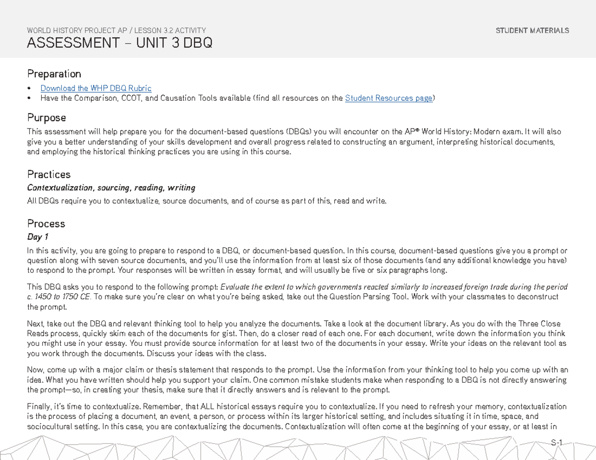 WHP AP World History Unit 3 DBQ Activity Assessment Materials - Studocu