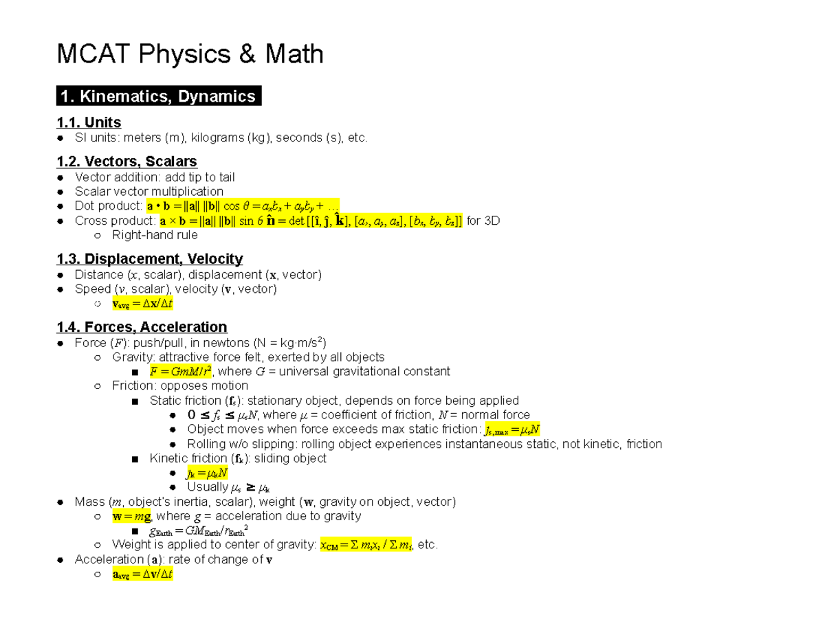 MCAT Physics & Math Study Guide: Kinematics to Waves and Sound - Studocu